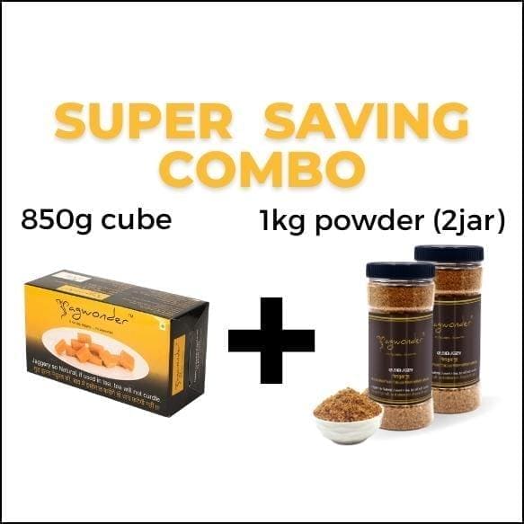 Super Saving Combo Jaggery Cubes 850gm + Powder 500gm (2pack) – Jagwonder